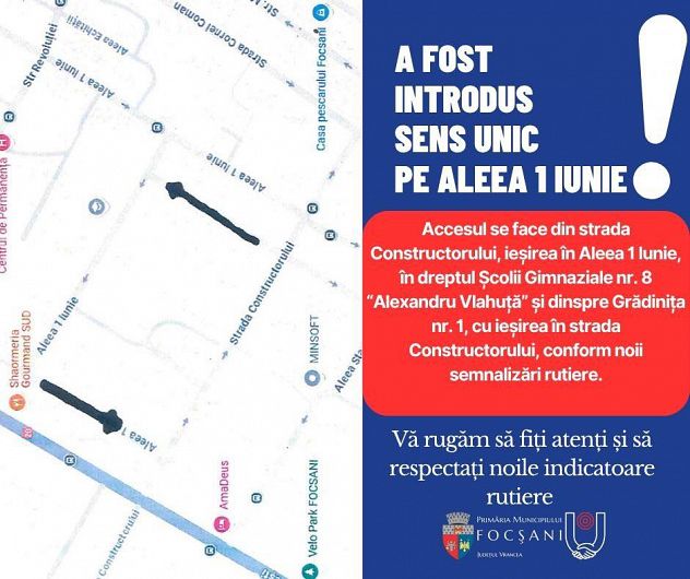 Sens unic instituit pe Aleea 1 Iunie din Focșani pentru fluidizarea traficului