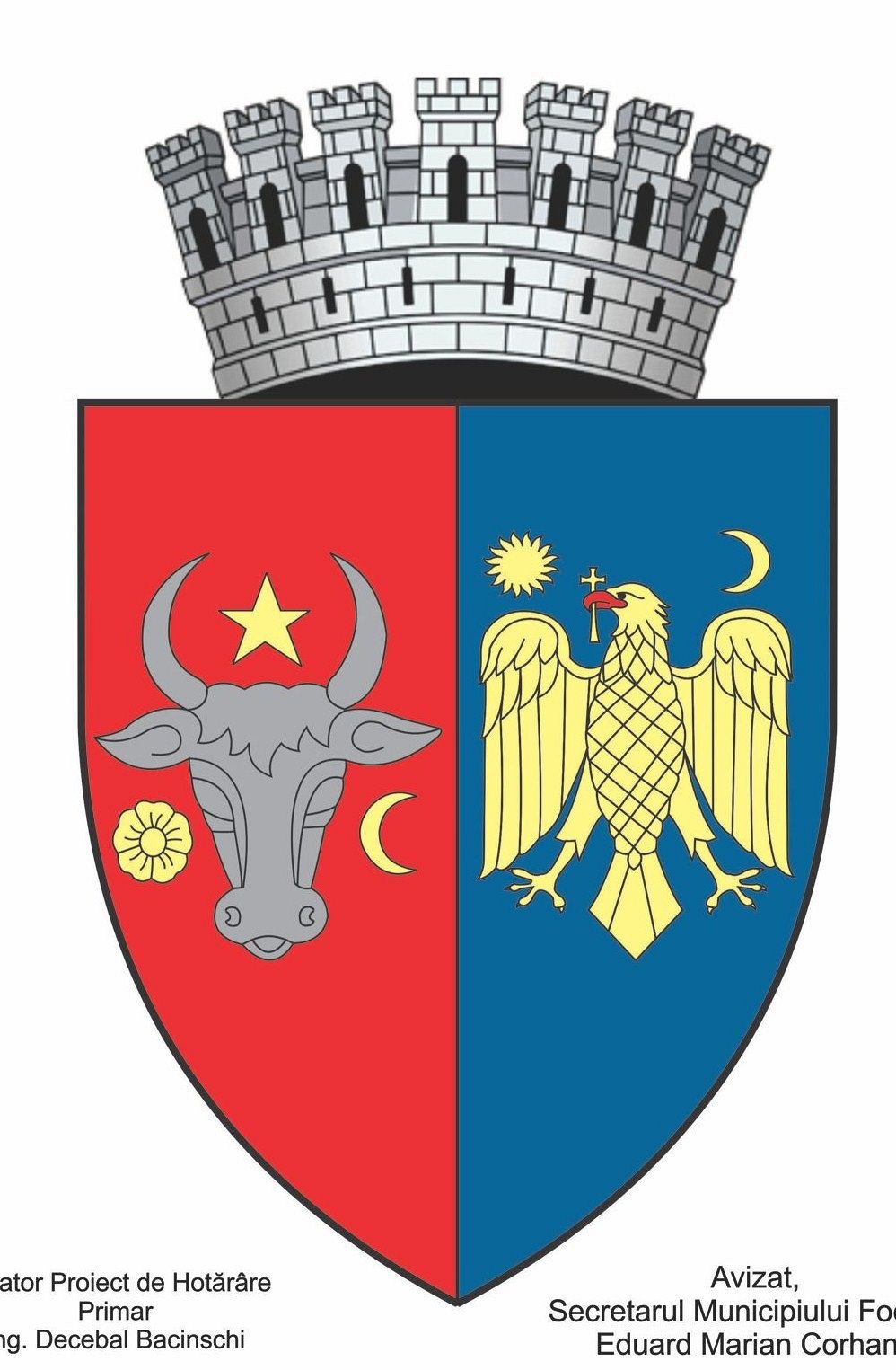 Varianta scut cu cap de bour şi vultur, adoptată ca simbol al Focşaniului