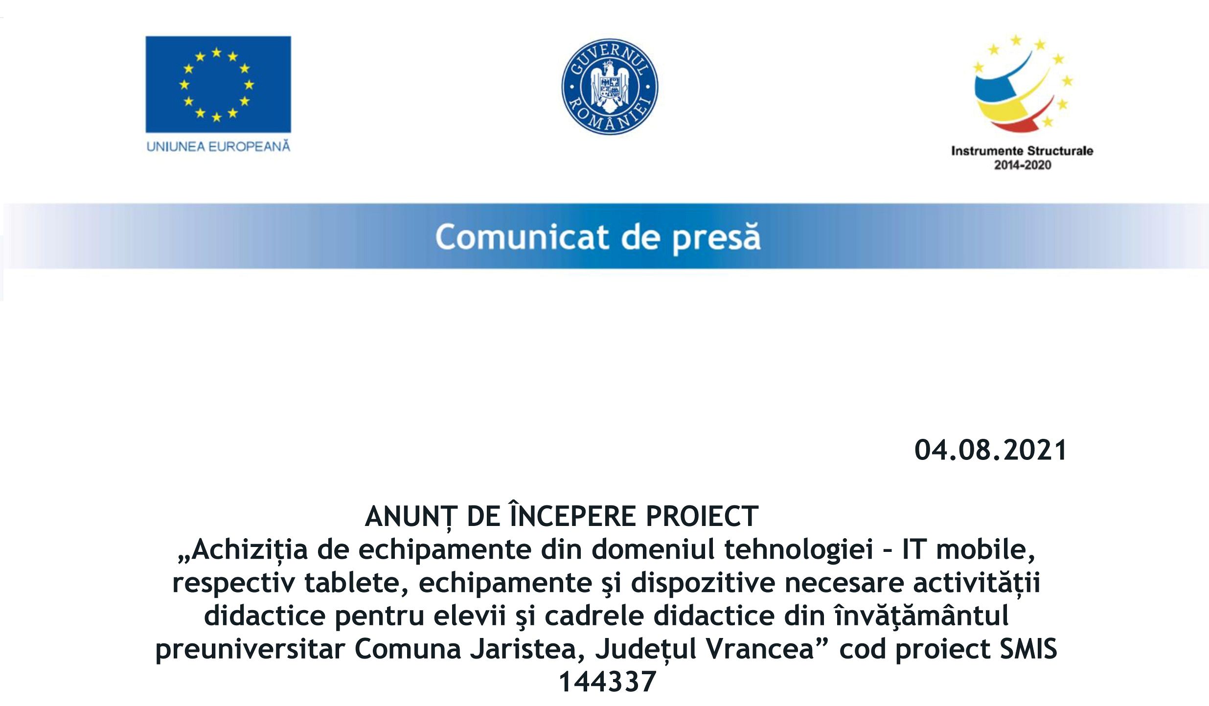 Anunț începere proiect comuna Jariștea, județul Vrancea