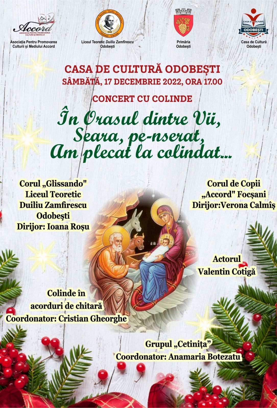 Concert de colinde, sâmbătă, la Casa de Cultură din Odobești