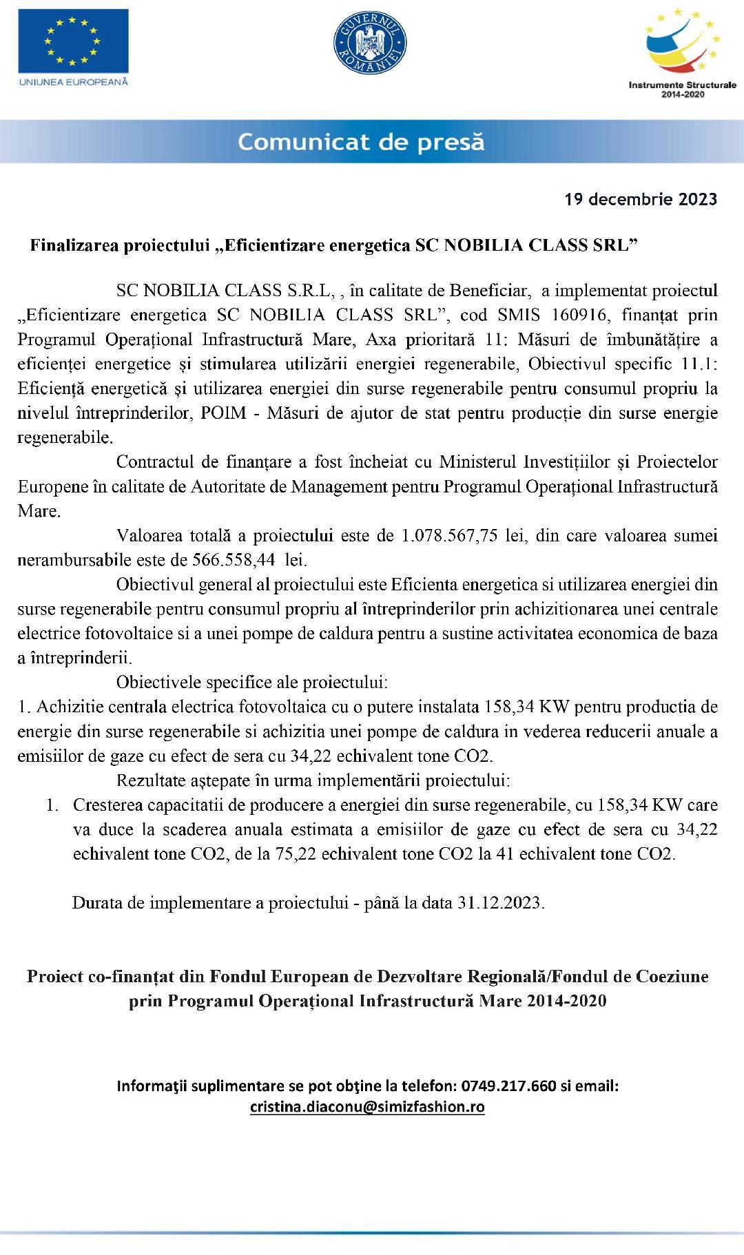 Finalizarea proiectului „Eficientizare energetica SC NOBILIA CLASS SRL”