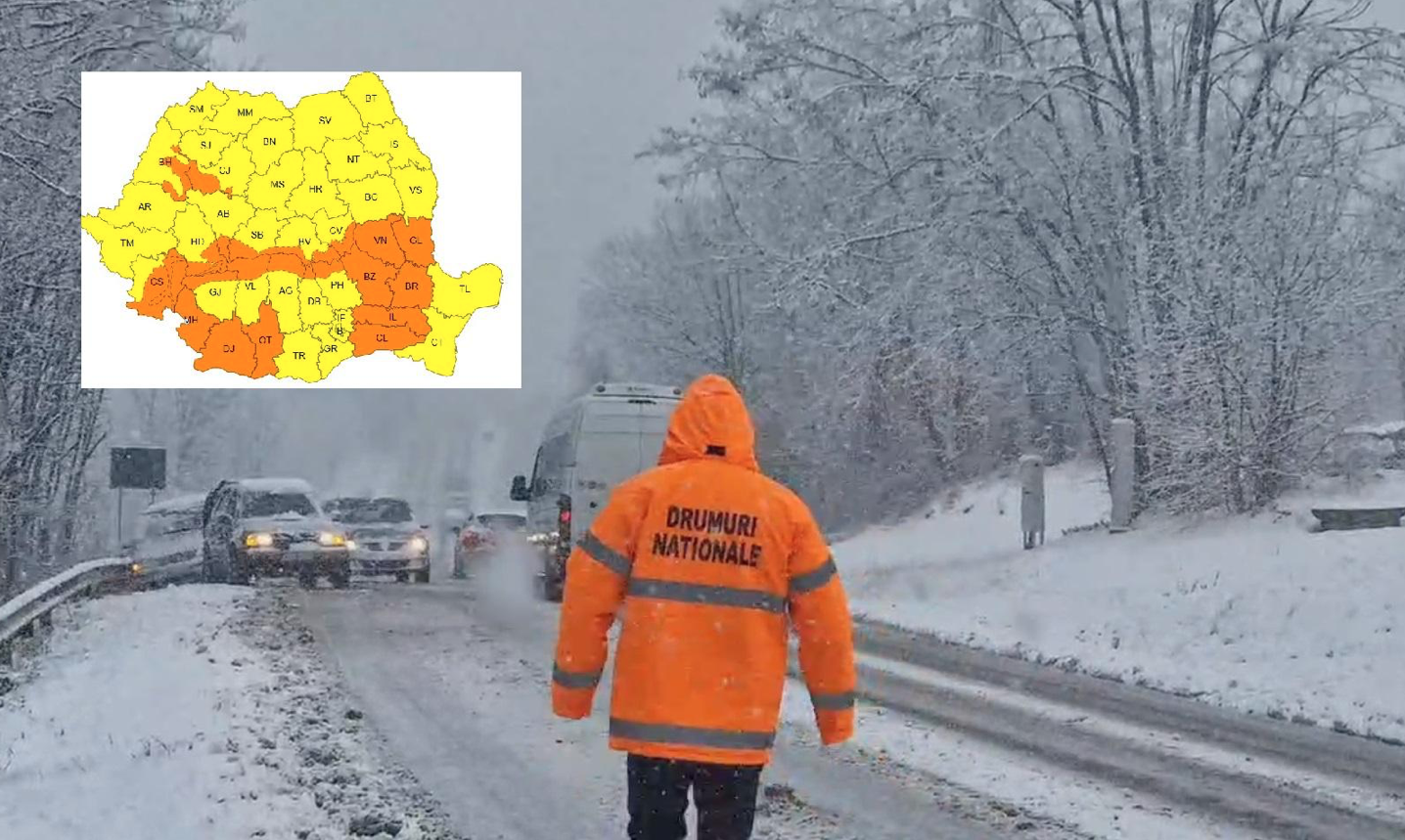 Județul Vrancea intră azi, sub avertizare meteo cod portocaliu și cod galben de ninsori, viscol ...