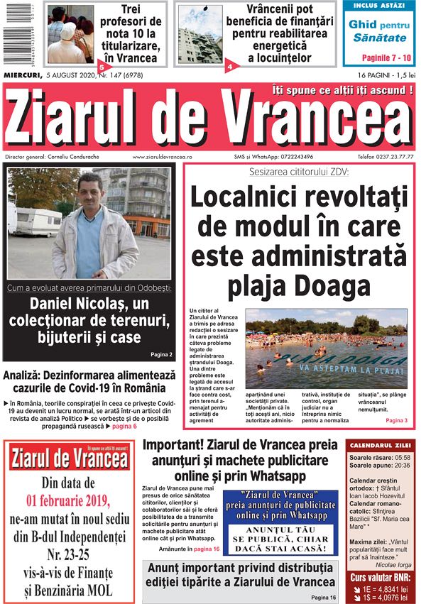 Prima pagină a ediției print de astăzi, 05 August 2020