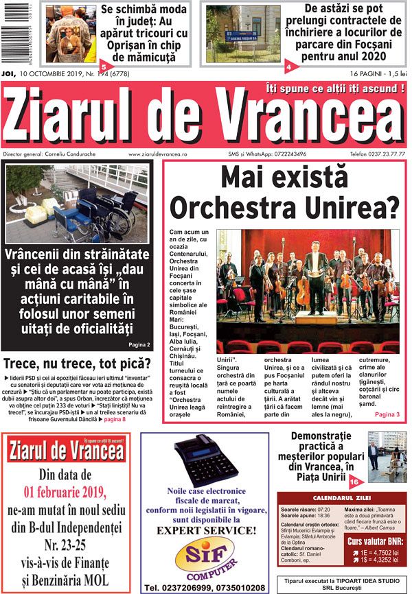 Prima pagină a ediției print de astăzi, 10 octombrie 2019