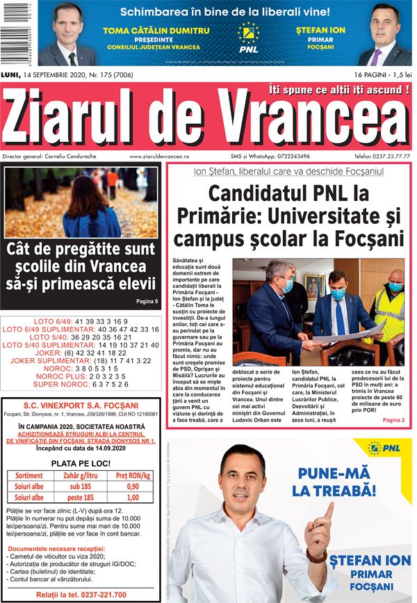 Prima pagină a ediției print de astăzi, 14 Septembrie 2020