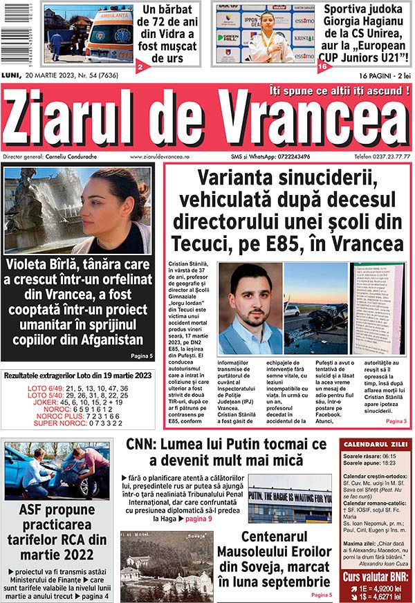 Prima pagină a ediției print de astăzi, 20 martie 2023