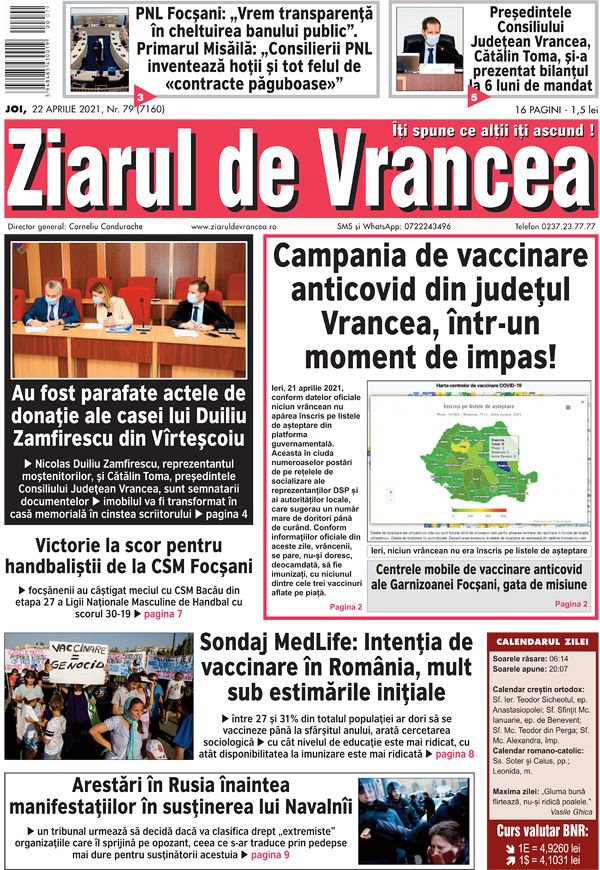 Prima pagină a ediției print de astăzi, 22 aprilie 2021