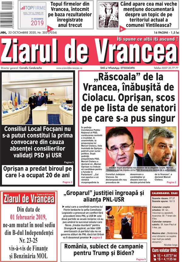 Prima pagină a ediției print de astăzi, 22 Octombrie 2020