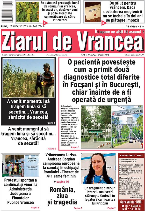 Prima pagină a ediției tipărită a Ziarului de Vrancea de luni , 28 ...