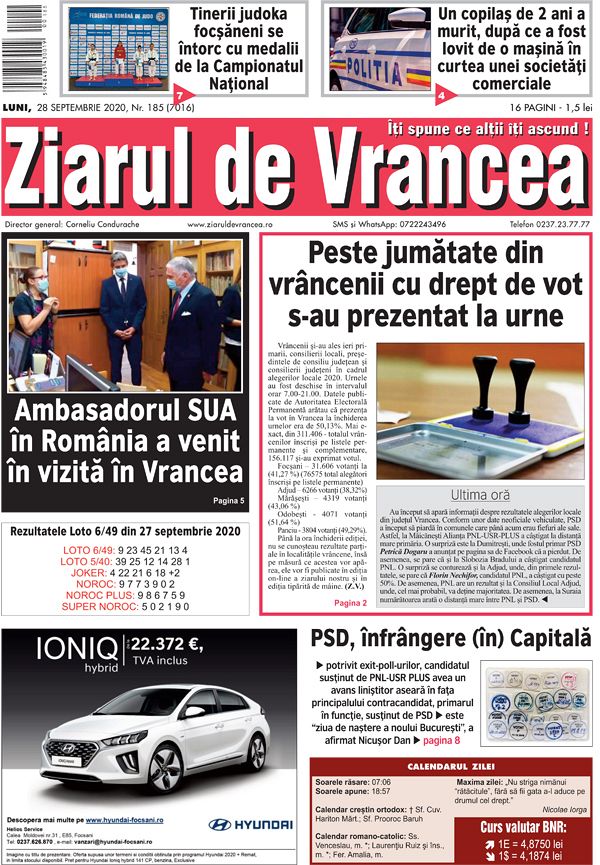 Prima pagină a ediției print de astăzi, 28 Septembrie 2020