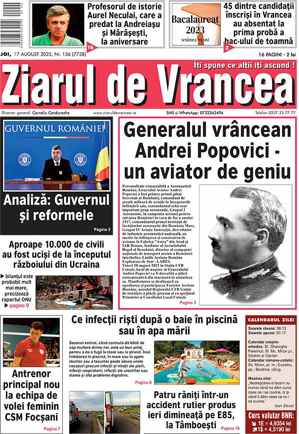 Prima pagină a ediției tipărită a Ziarului de Vrancea de joi , 17 ...