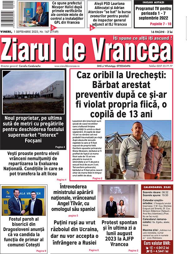 Prima pagină a ediției tipărită a Ziarului de Vrancea din zilele de 1-2 ...