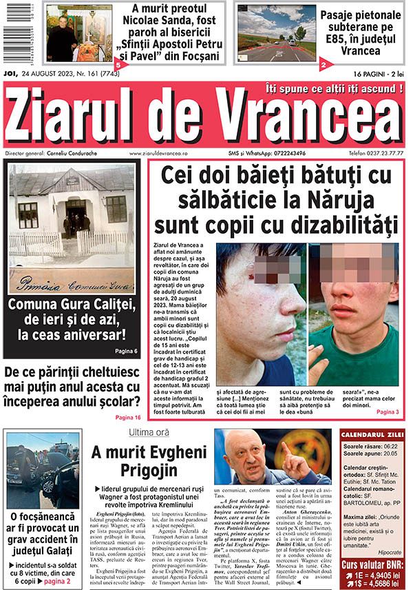 Prima pagină a ediției tipărită a Ziarului de Vrancea | joi, 24 august 2023