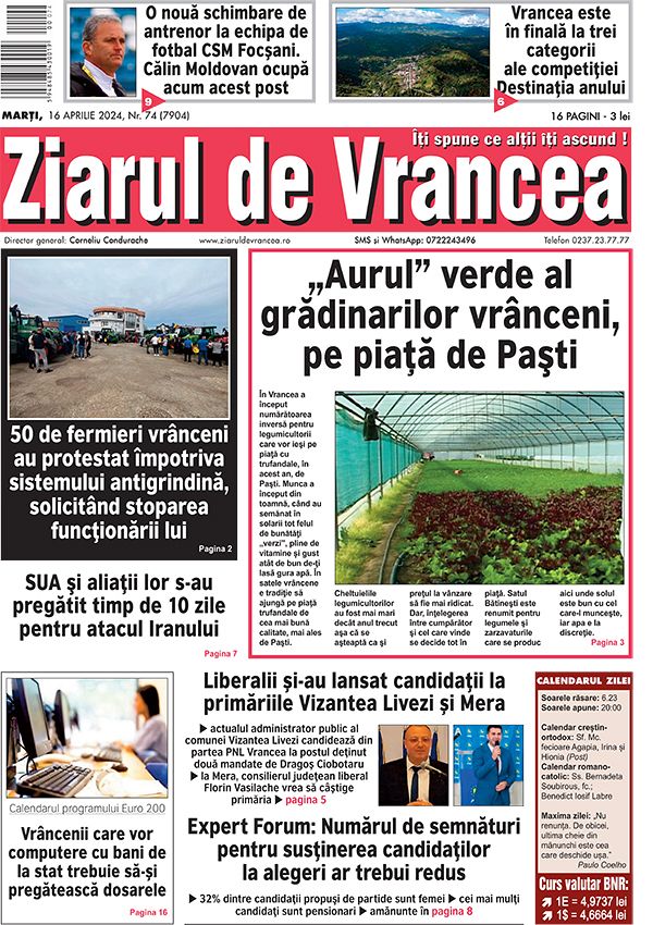 Prima pagină a ediției tipărite a Ziarului de Vrancea de astăzi, marți ...