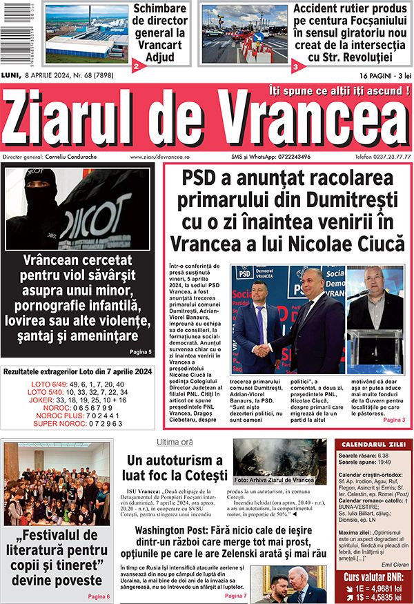 Prima pagină a ediției tipărite a Ziarului de Vrancea de astăzi, 8 ...