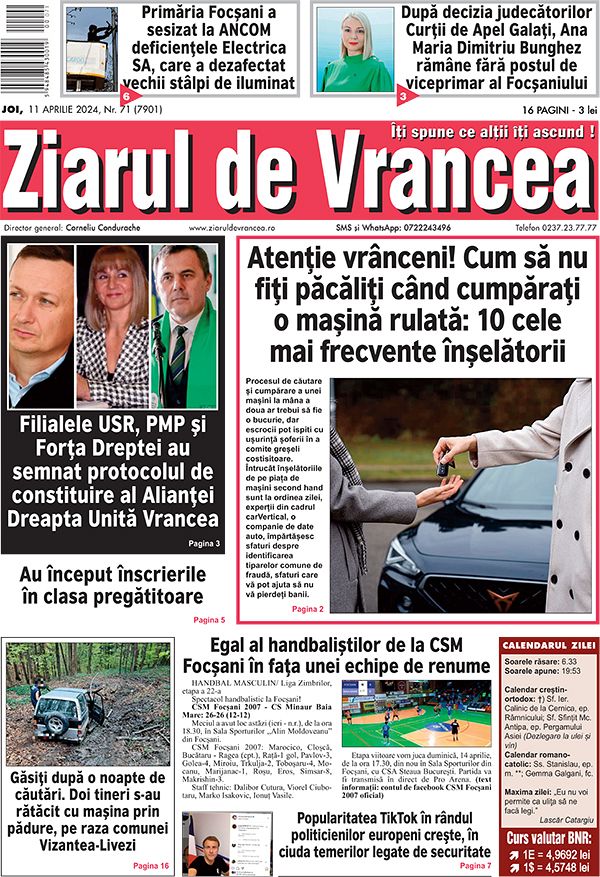 Prima pagină a ediției tipărite a Ziarului de Vrancea de astăzi, joi ...