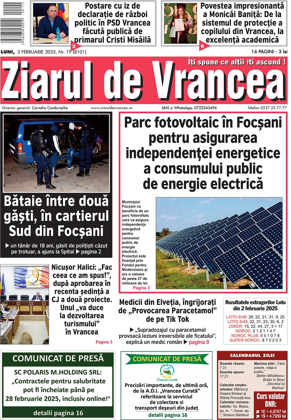 Prima pagină a ediției tipărite a Ziarului de Vrancea de astăzi, luni 3 ...