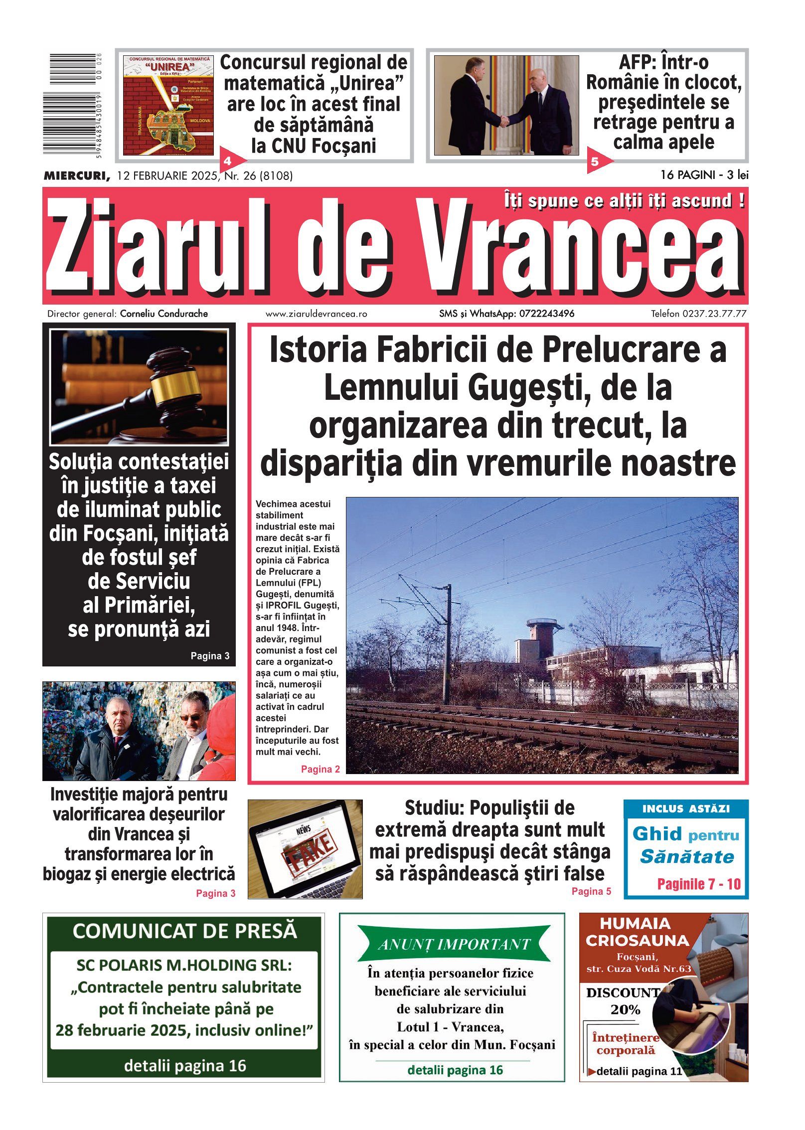 Prima pagină a ediției tipărite a Ziarului de Vrancea de astăzi ...