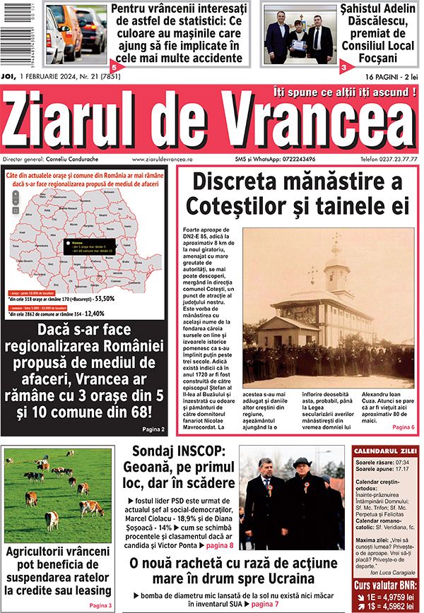 Prima pagină a ediției tipărite a Ziarului de Vrancea de joi 1 ...
