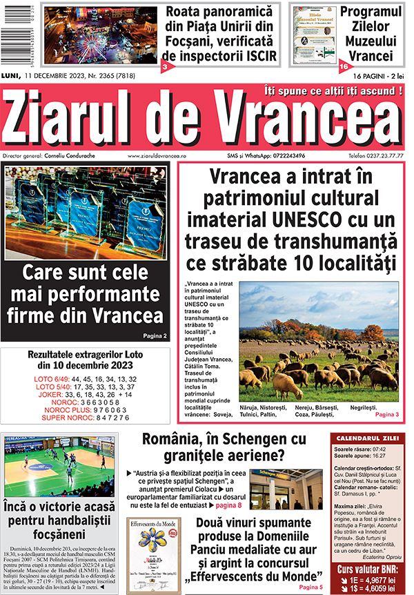 Prima pagină a ediției tipărite a Ziarului de Vrancea de luni, 11 ...