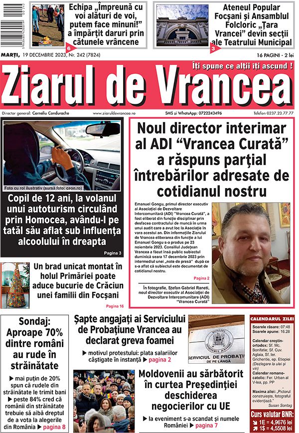 Prima pagină a ediției tipărite a Ziarului de Vrancea de marți, 19 ...