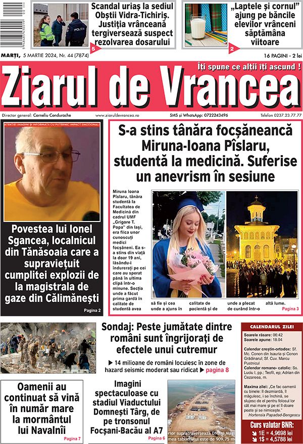 Prima pagină a ediției tipărite a Ziarului de Vrancea de marți, 5 ...