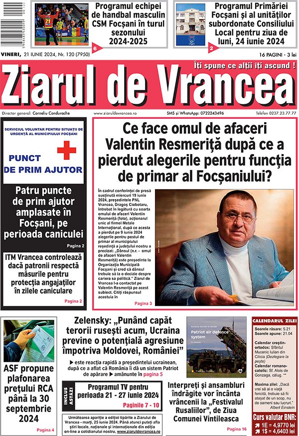 Prima pagină a ediției tipărite a Ziarului de Vrancea de vineri-sâmbătă ...